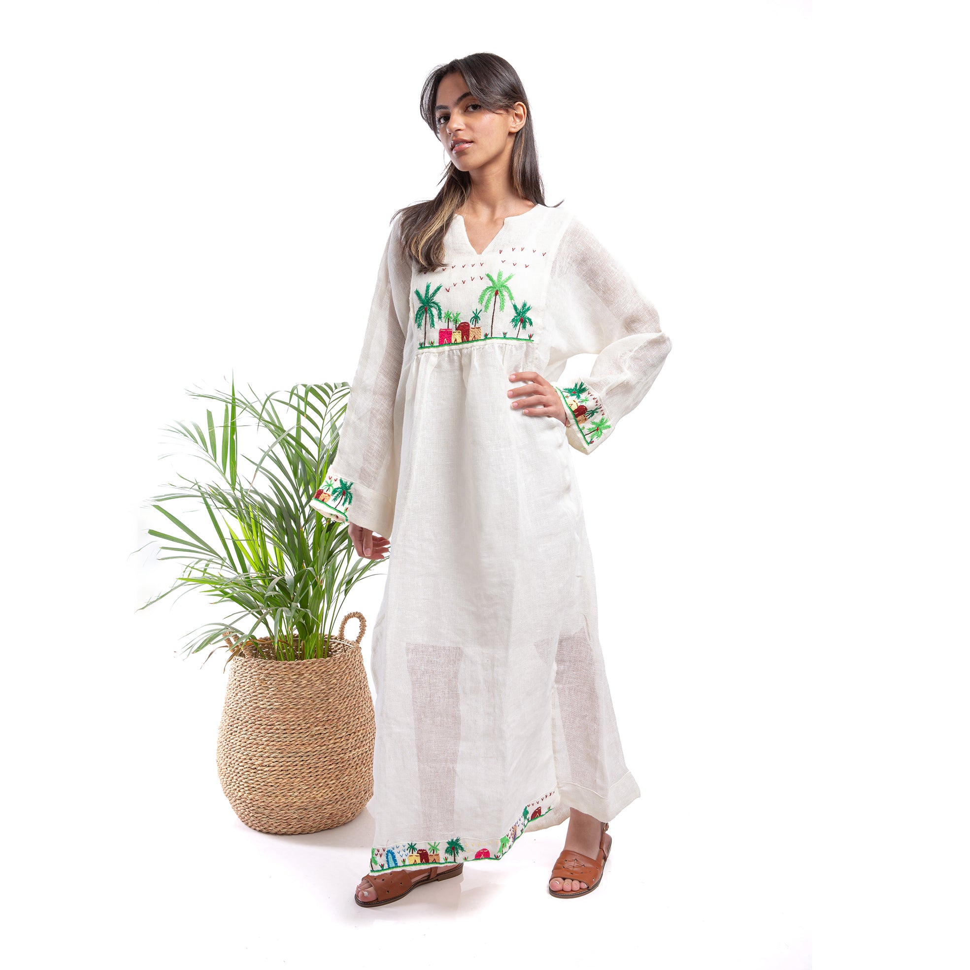 Embroidered linen Jalabiya JL302. جلابية كتان مطرز – BADDARA